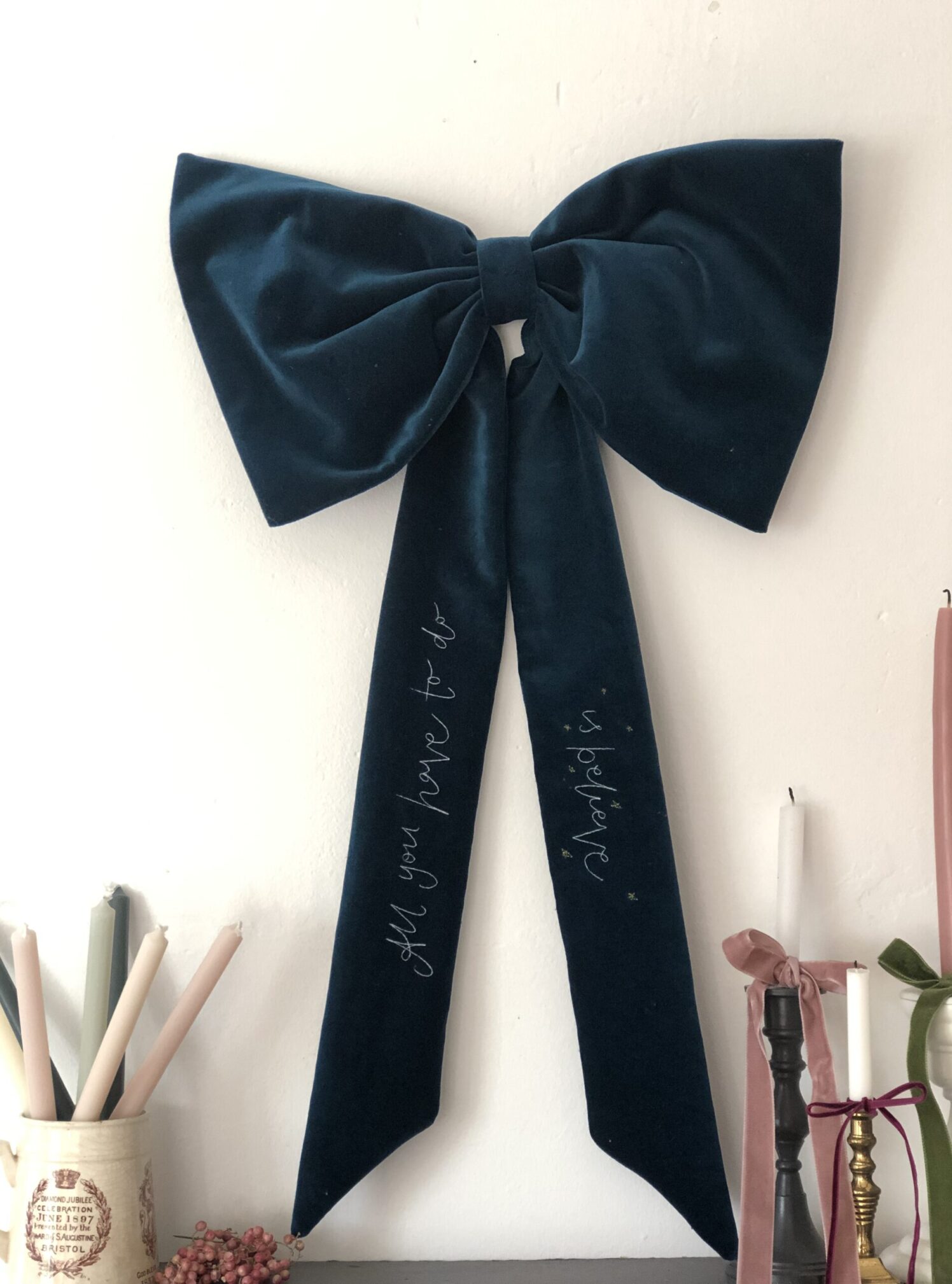 Believe Christmas velvet tree topper bow - Emma Giacalone Textiles